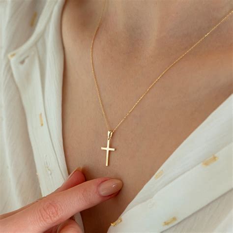 14k Solid Gold Cross Necklace Minimalist Crucifix Pendant Guardian