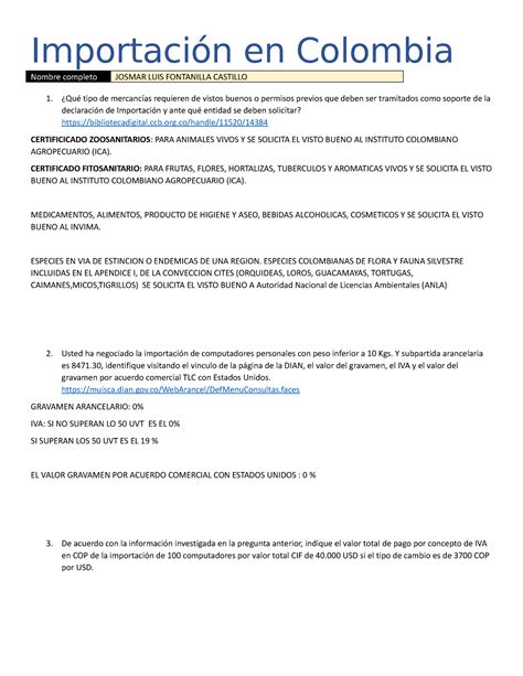 Taller 1 2 Importación De Mercancias En Colombia 1 Importación En Colombia Nombre Completo