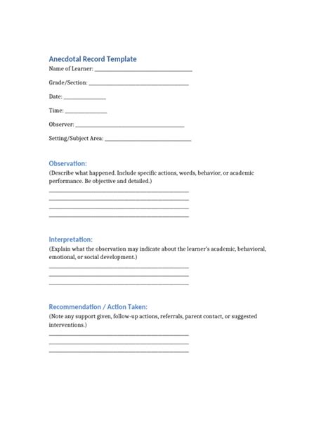 Anecdotal Record Template Pdf