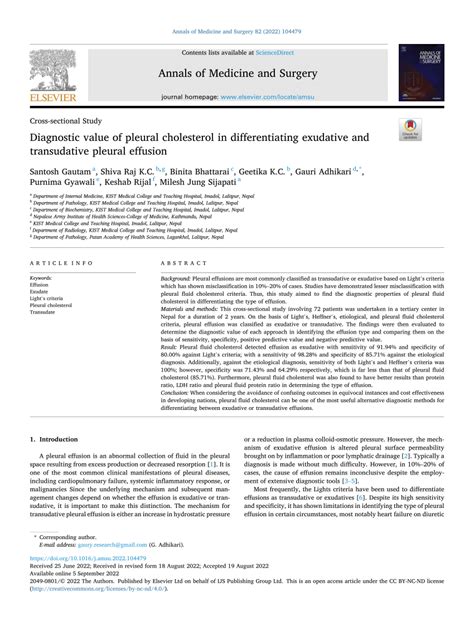 Pdf Diagnostic Value Of Pleural Cholesterol In Differentiating