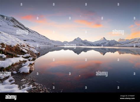 Lake Bachalpsee With Jungfrau Eiger Monch And Other Peaks After An
