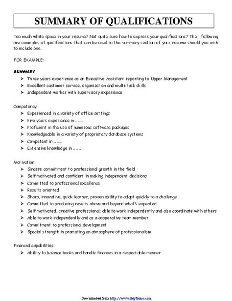 Summary Of Qualifications Example 1 Pdfsimpli