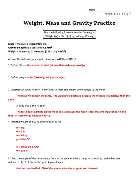 Physical Science Mass And Weight Worksheet