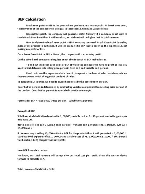 Bep Calculation Pdf Pricing Microeconomics