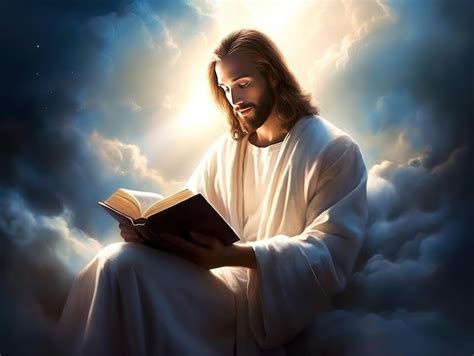 Beautiful Jesus Christ Reading The Holy Bible In Heaven Biblical
