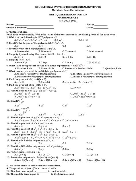 First Quarter Exam Grade 8 Math Pdf Elementary Mathematics Abstract Algebra