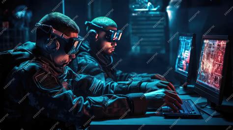 Premium Photo Military At Computers In A Dark Room