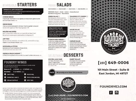 Menu Of Foundry Bar And Grill In East Jordan Mi 49727