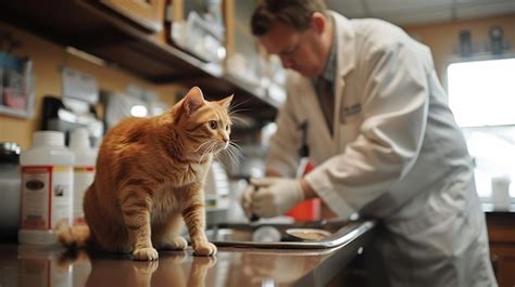 Suffering Cat Being Examined By The Vet On A Testing Table In The