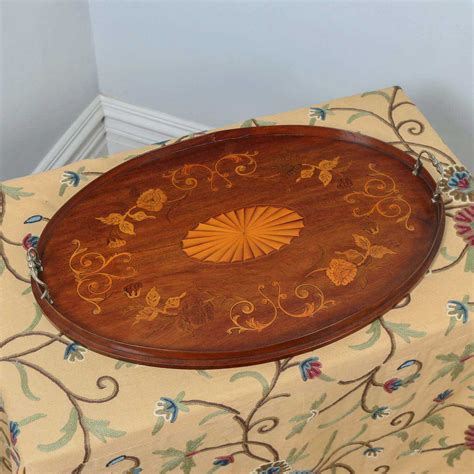 Antique English Edwardian Mahogany Marquetry Inlaid Oval Drinks Tray