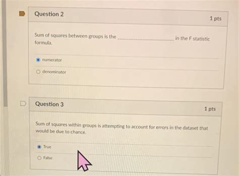 Solved Question 2 1 Pts Sum Of Squares Between Groups Is The