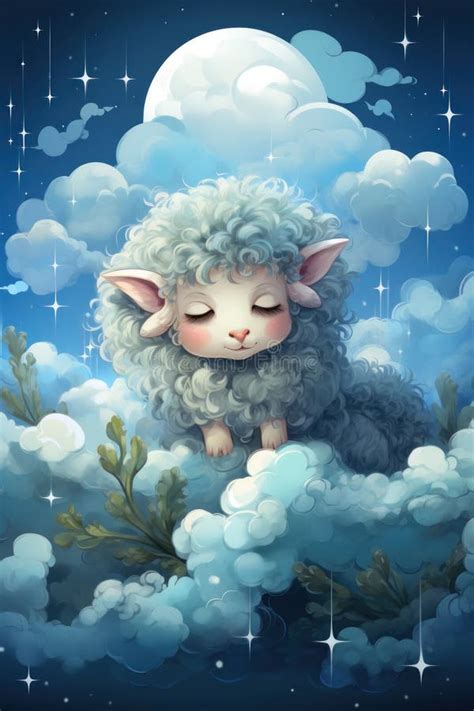 Cute Sheep Sleeping On A Cloud Watercolor Drawing Generative Ai Stock