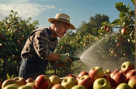 Premium Photo A Farmer Spraying Apples With Pesticide