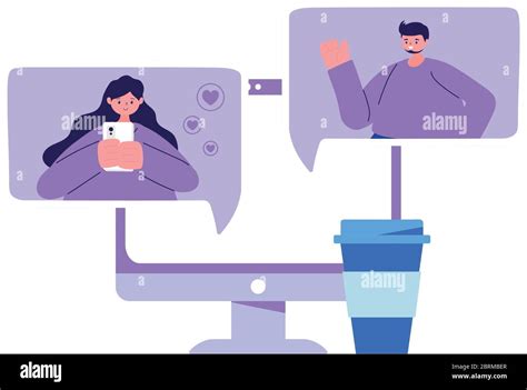 Woman And Man With Smartphone And Computer Chatting Design Message