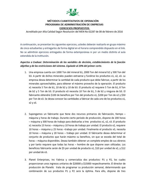 Taller De Ejercicios Programación Lineal Pdf Business