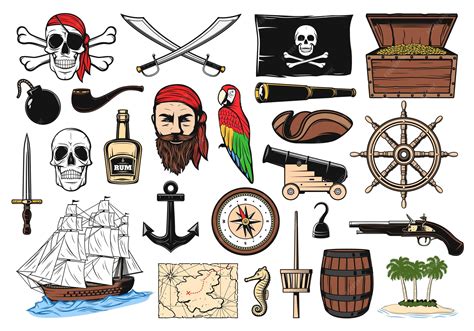 Premium Vector Pirate Set Captain Ship Map And Hook Icons