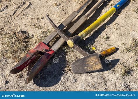 Herramientas En Una Pala De Excavación Arqueológica Para Recoger Palas
