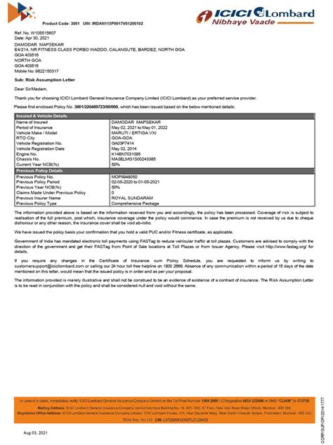 Sub Risk Assumption Letter Insured And Vehicle Details Pdf