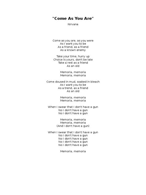 Nirvanas Come As You Are Lyrics Pdf Home And Garden Poetry