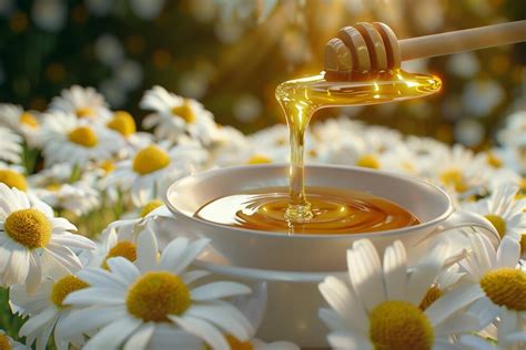 Pouring Golden Honey Into A Cup Of Soothing Chamom Premium Ai