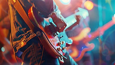 Rock Guitarist Playing Live On Stage With Colorful Lights In The