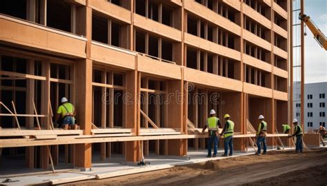 Construction Workers Building Wooden Framework Stock Illustration