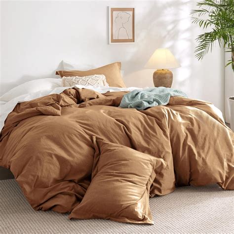 Bedsure 100 Washed Cotton Duvet Cover Queen Brown Minimalist Cotton
