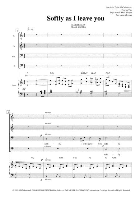 Softly As I Leave You Arr Jetse Bremer By Elvis Presley Sheet Music