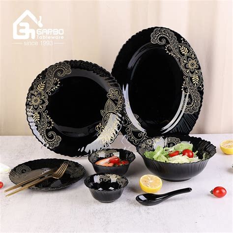 33 Pcs Arabic Style Black Opal Glass Dinner Sets With Decal Opal Glass Dinnerware Set And Opal