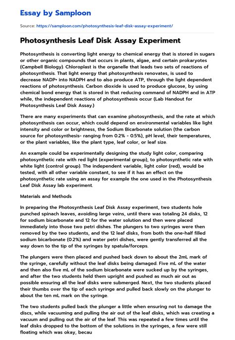 ≫ Photosynthesis Leaf Disk Assay Experiment Free Essay Sample On