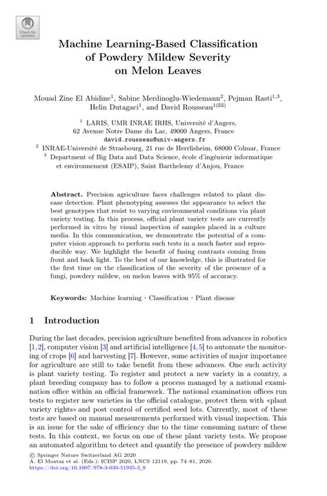 Pdf Machine Learning Based Classification Of Powdery Mildew Severity On Melon Leaves