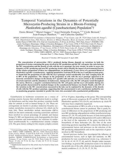 Pdf Temporal Variations In The Dynamics Of Potentially Microcystin