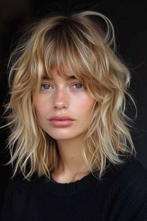 Natural Sandy Blonde Shaggy Lob With Bangs In 2024 Hairstyles With Bangs Curly Hair Styles