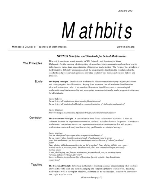 Mathbits Nctms Principles And Standards For School Mathematics Pdf National Council Of