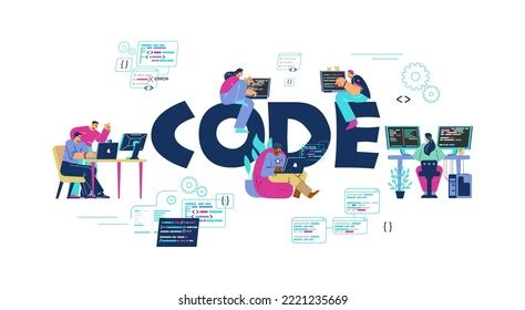 Code Typographic Header Tiny People Programming Stock Vector Royalty Free