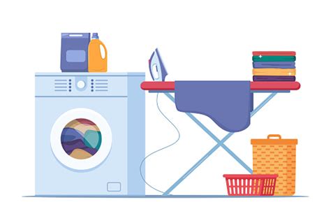 린넨이있는 세탁기 청소 제품 다리미판에 다리미와 옷 세탁 바구니 하우스 키핑 청결 개념 플랫 벡터 일러스트레이션 가사 집안일에 대한 스톡 벡터 아트 및 기타 이미지 Istock
