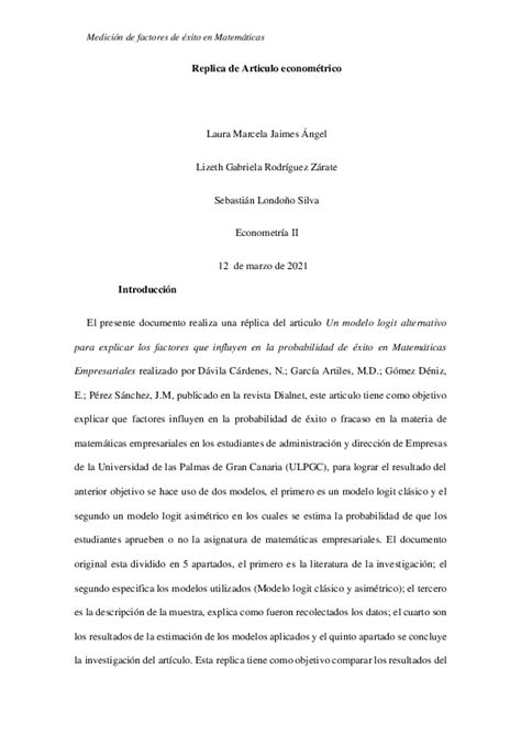 Pdf Replica De Artículo Un Modelo Logit Alternativo Para Explicar