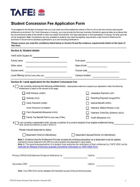 Student Concession Fee Application Form Download Free Pdf