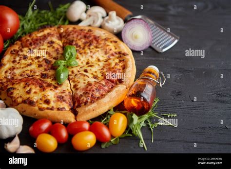 Fresh Baked Hot American Style Pizza With All Various Ingredients On