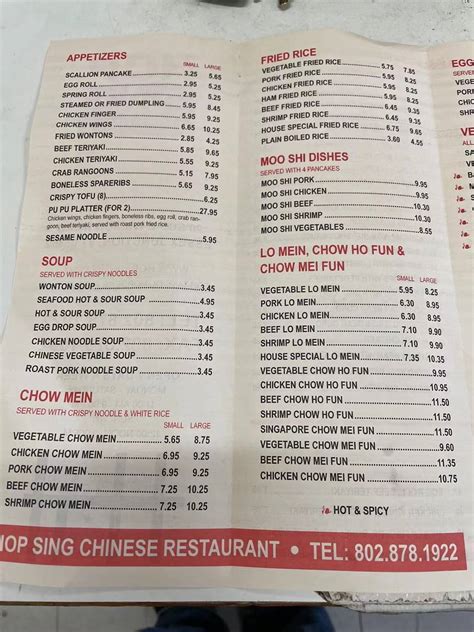 Menu At Hop Sing Restaurant Essex
