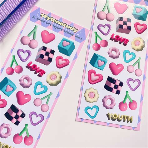 3d Art Style Random Cute Objects Sticker Sheet Cube Heart Flower