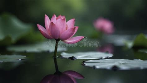 Majestic Lotus Stem Rising Above Water Surface Water Reflection