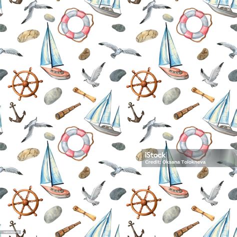 흰색 배경에 바다 요트 배 돌고래의 이미지가 있는 매끄러운 수채화 패턴 순항 여름 갈매기와 바다 패턴 갈매기에 대한 스톡 벡터 아트 및 기타 이미지 Istock