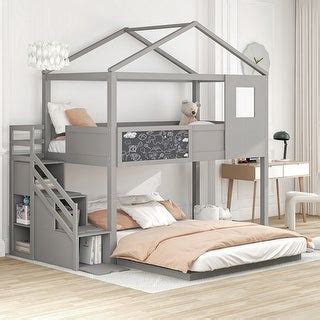 Twin Over Full House Bunk Bed With Storage Staircase And Blackboard