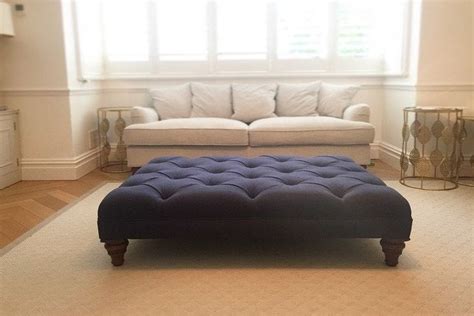 Chesterfield Rectangular Ottoman Coffee Table Deep Buttoned Footstool In A Navy Woollen