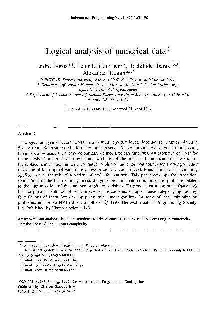 Pdf Logical Analysis Of Numerical Data