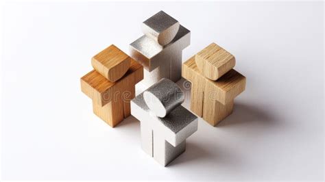 Group Of Wooden And Metallic Figures Representing Teamwork And Unity Stock Illustration