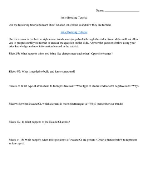 Ionicbondingtutorial Name Ionic Bonding