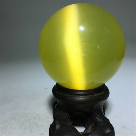 520 90 Ct Natural Yellow Cats Eye Ball Spehere Round Display Gemstone With Stand Property Room