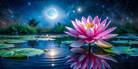 Pink Water Lily Under Full Moon And Starry Night Background Water Lily